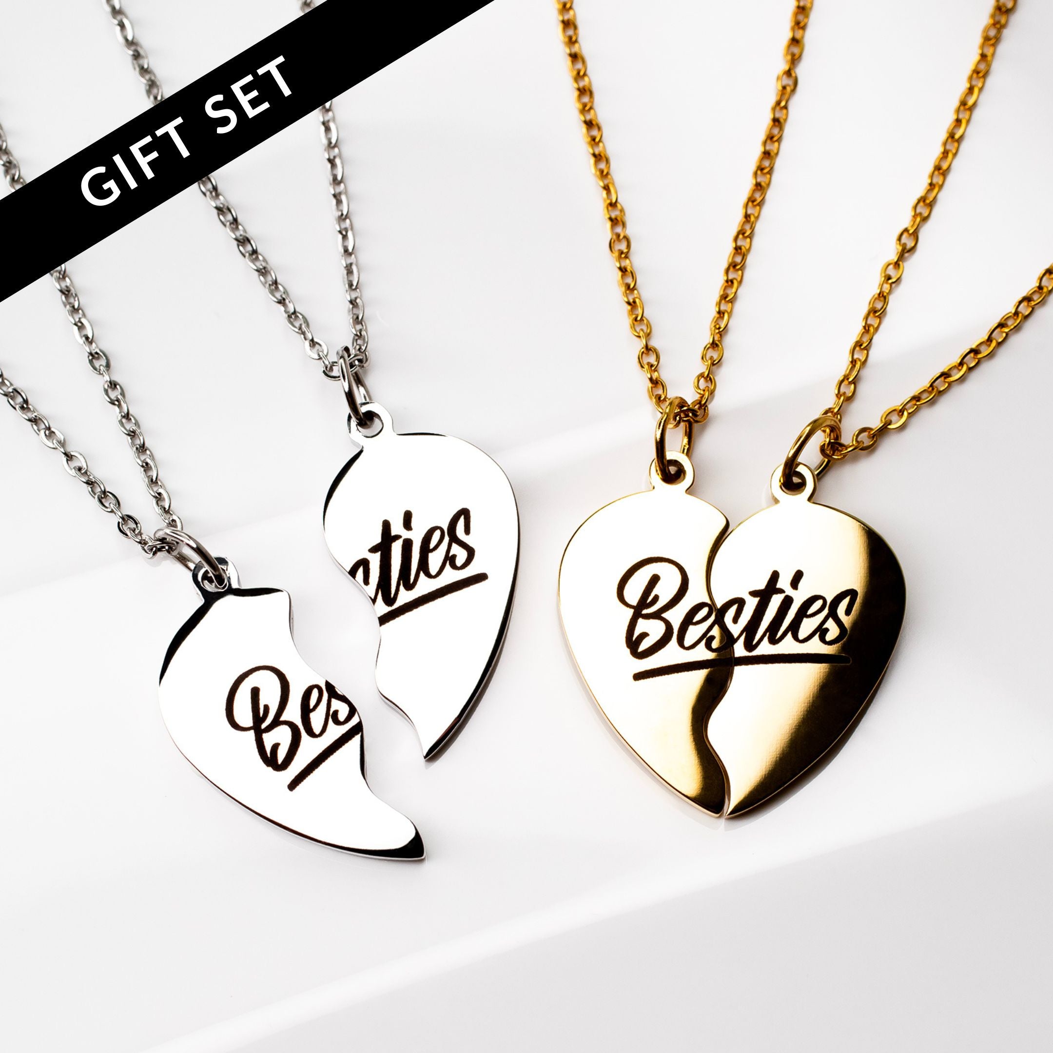 Waterproof Besties Split Heart BFF Engraved Pendant Necklace Set – Grayling