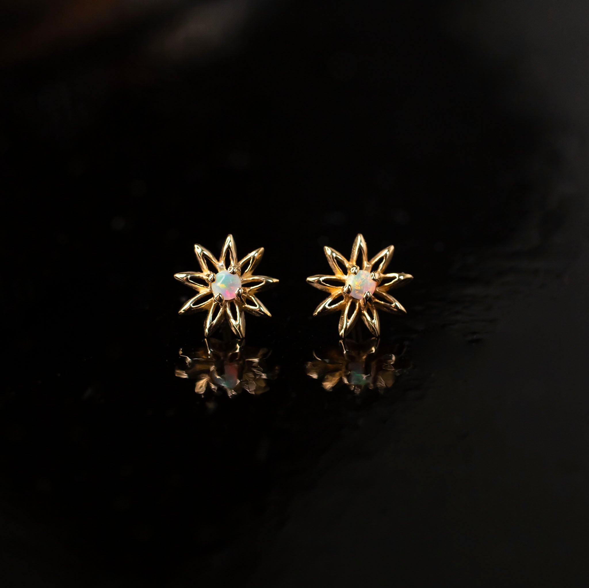 Radiant Opal Set Flower Flat Back Sleeper Earrings - 14k Solid Gold ...